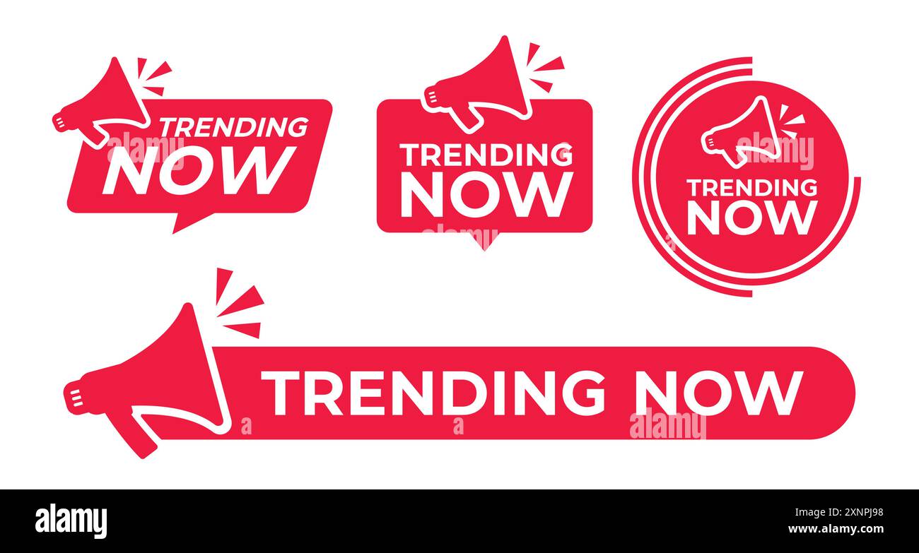 Trending now icon set with text and megaphone vector illustration ...