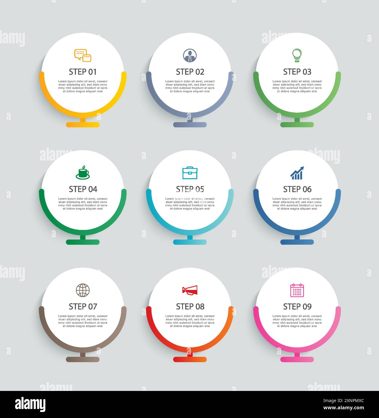 Infographics circle timeline with 9 number data template. Illustration ...