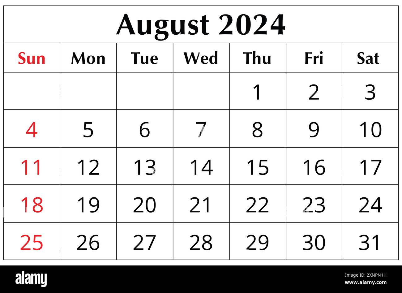 August 2024 ENGLISH month calendar. printable illustration. Monthly ...