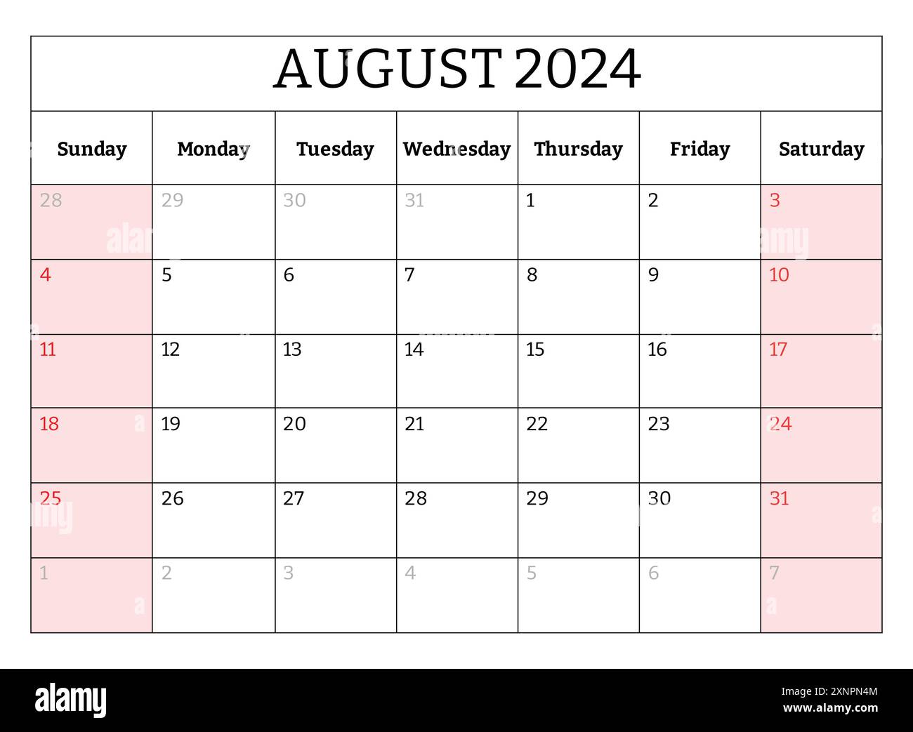 August 2024 ENGLISH month calendar. Vector printable illustration ...