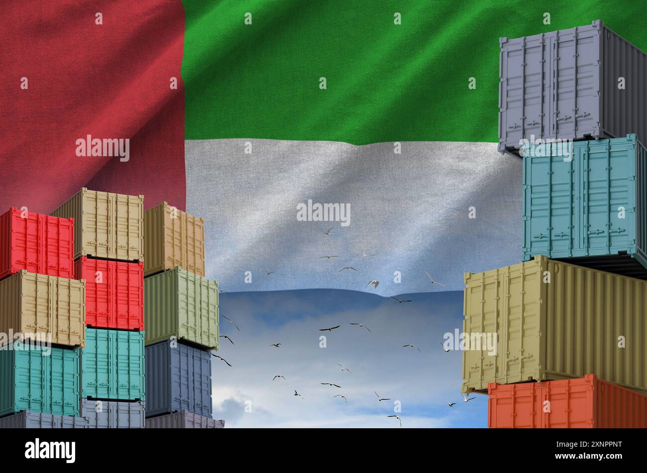 United Arab Emirates flag and big stack of shipping cargo containers in ...