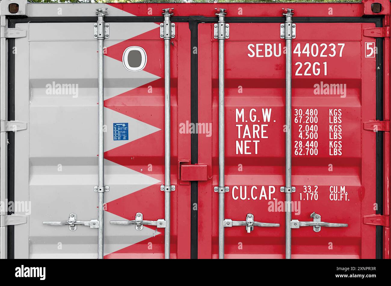 Bahrain flag depicted on metal doors of shipping cargo container ...