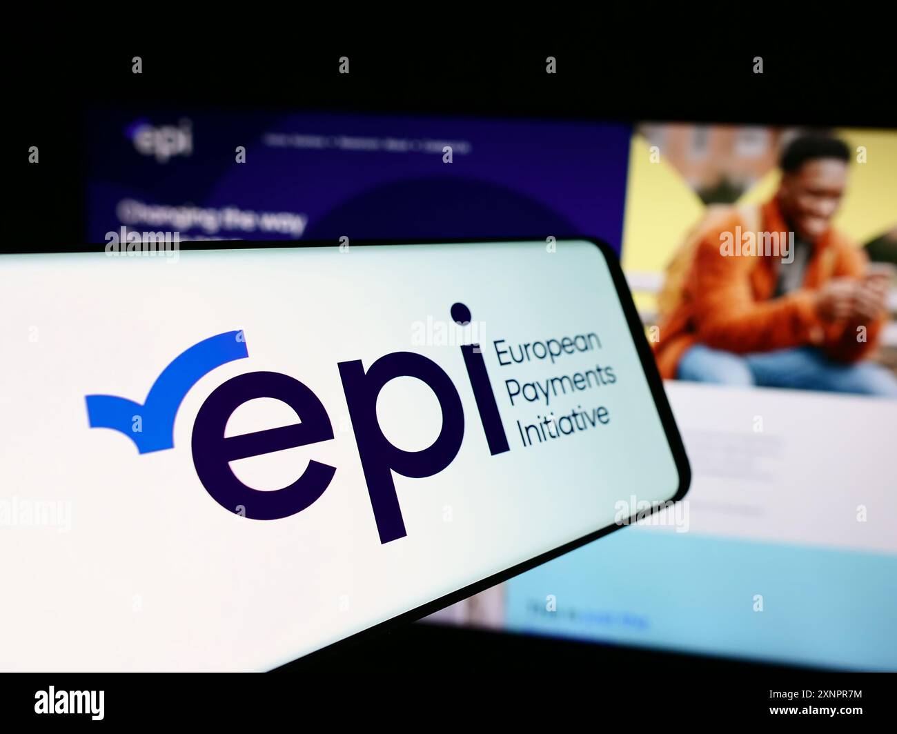 Mobile phone with logo of European company European Payments Initiative ...