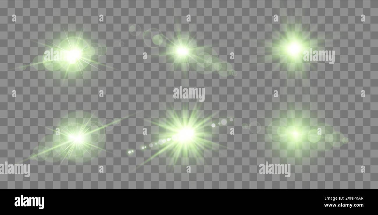 Green lens flares set. Isolated on transparent background. Sun flash ...
