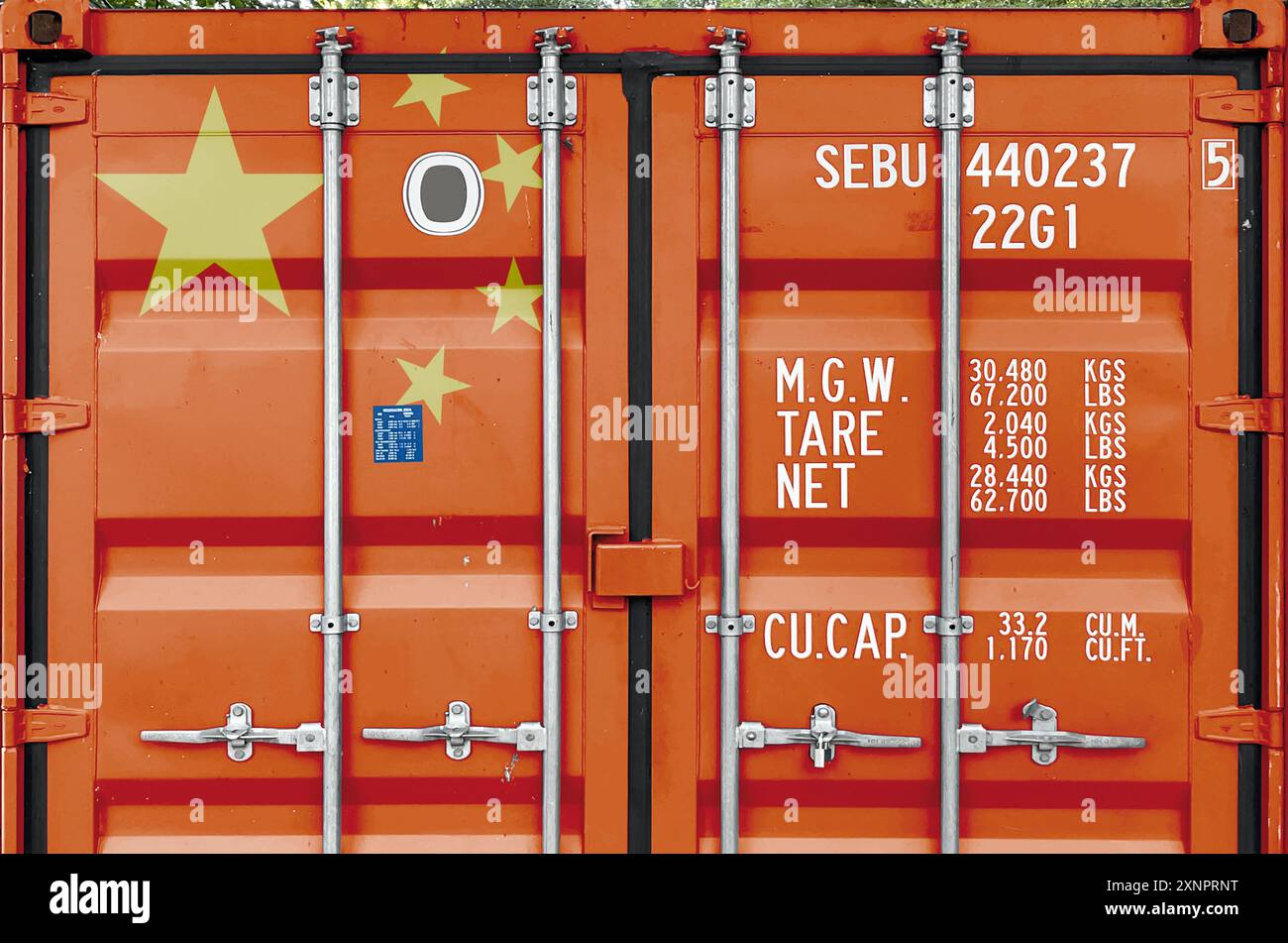 China flag depicted on metal doors of shipping cargo container outdoors ...