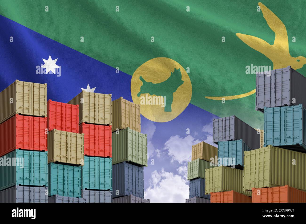 Christmas island flag and big stack of shipping cargo containers in ...