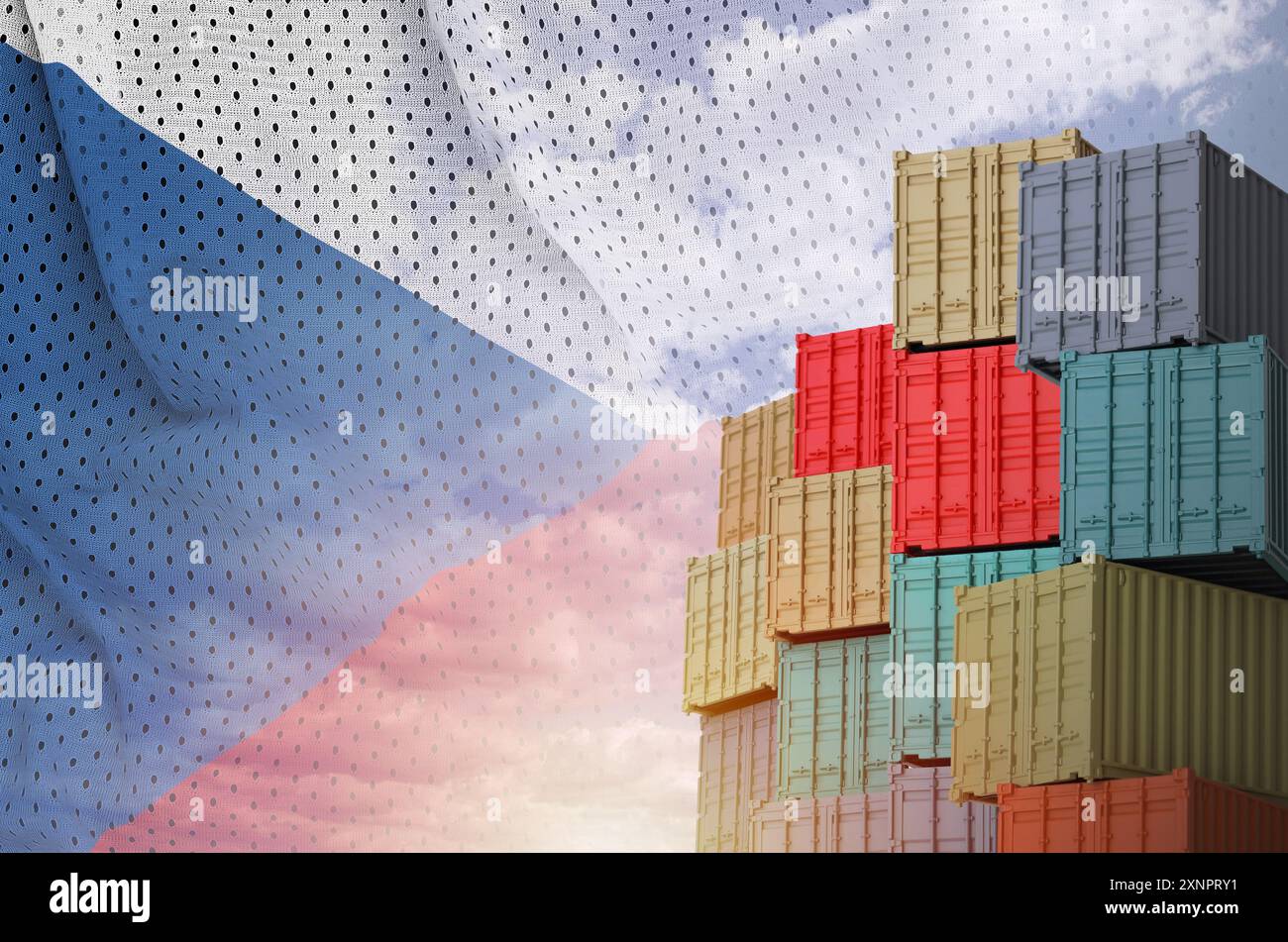 Czech Republic flag and big stack of shipping cargo containers in docks ...