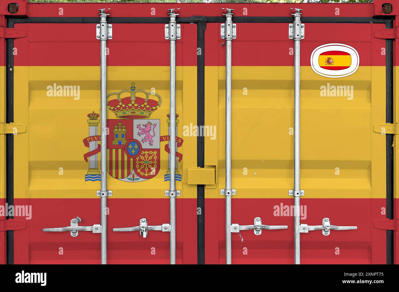 Spain flag depicted on metal doors of shipping cargo container outdoors ...