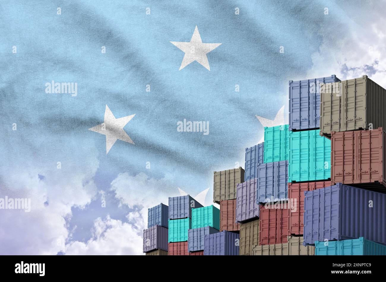 Micronesia flag and big stack of shipping cargo containers in docks ...