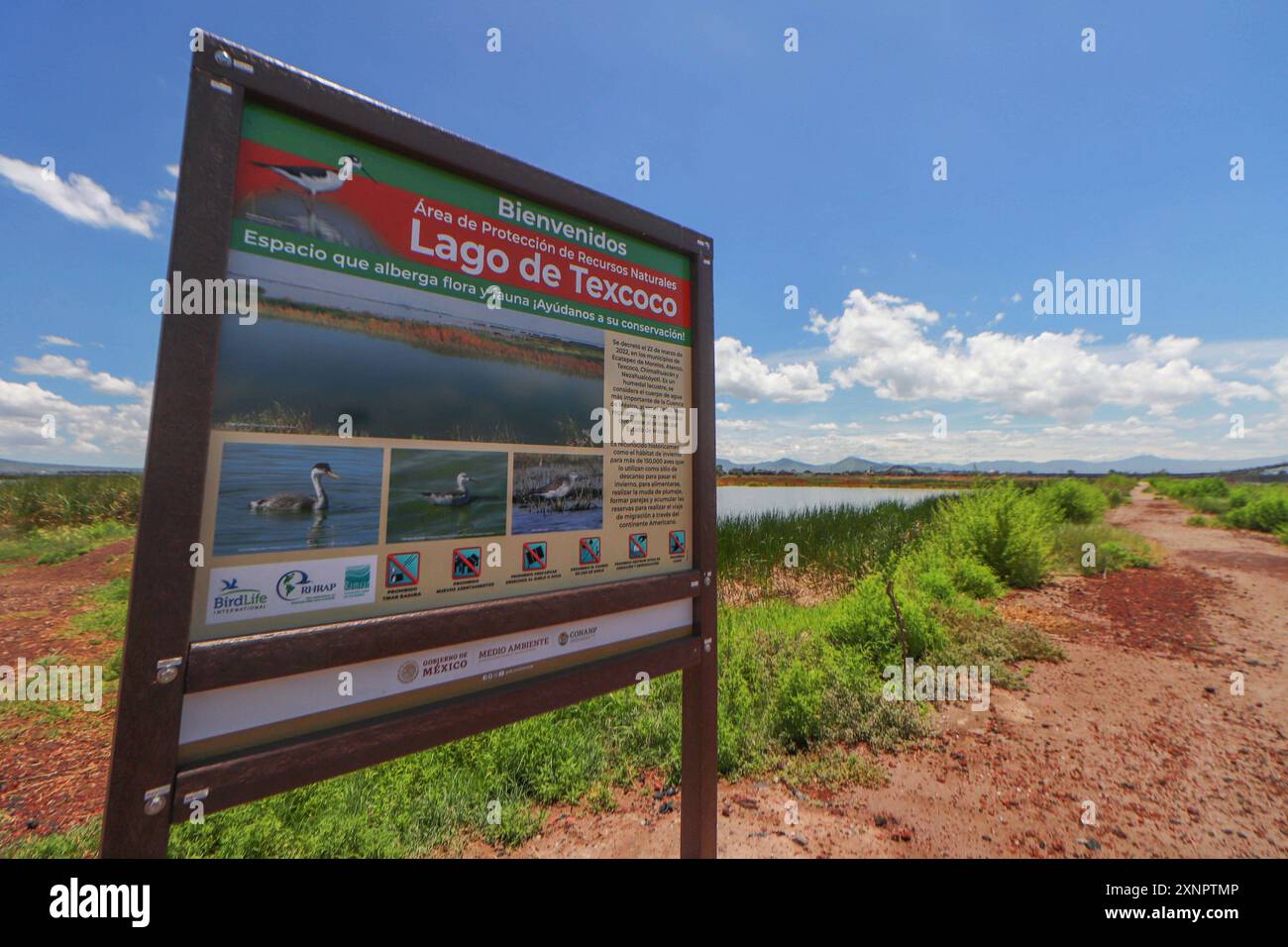 Lake Texcoco Ecological Park Welcome sign is seen at the enter of ...