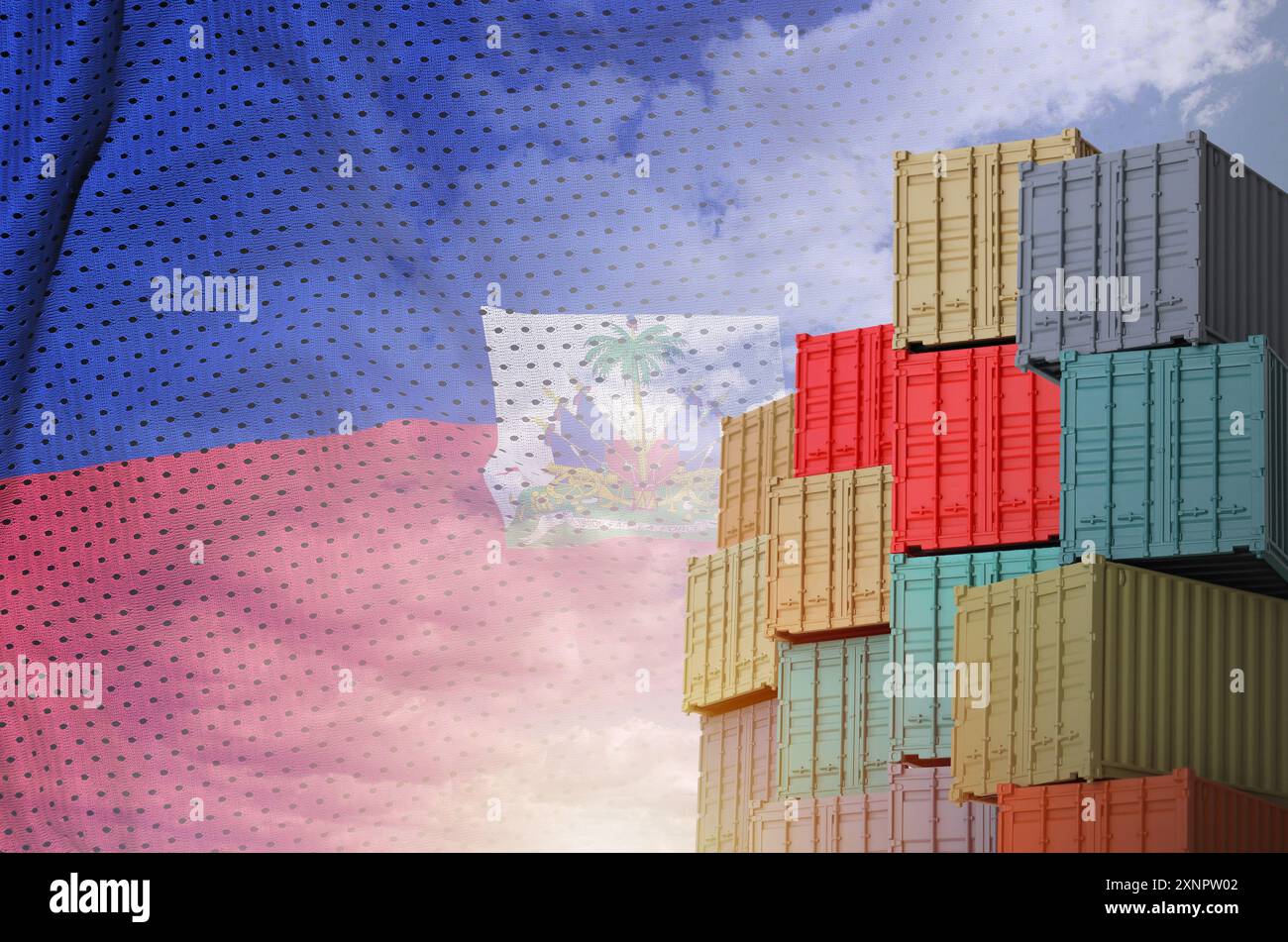 Haiti flag and big stack of shipping cargo containers in docks with sky ...