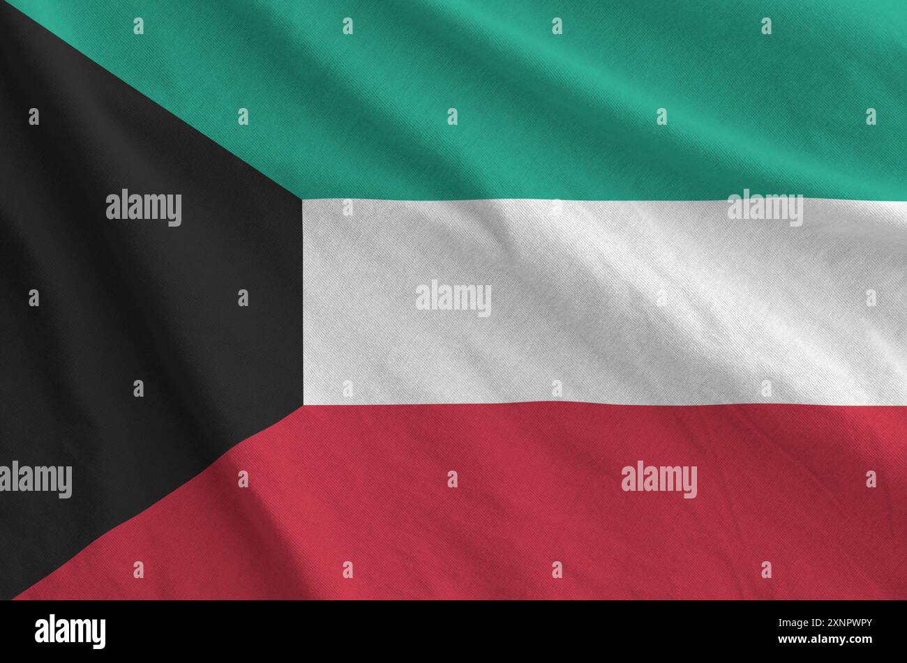 Kuwait flag depicted on folded wavy fabric of old cloth close up Stock ...