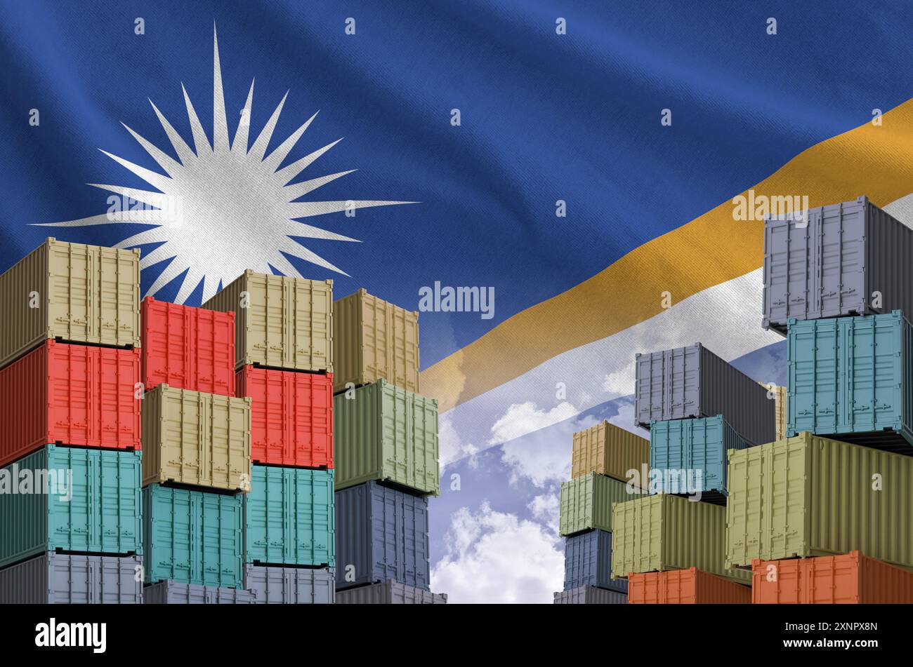 Marshall Islands flag and big stack of shipping cargo containers in docks with sky background ...