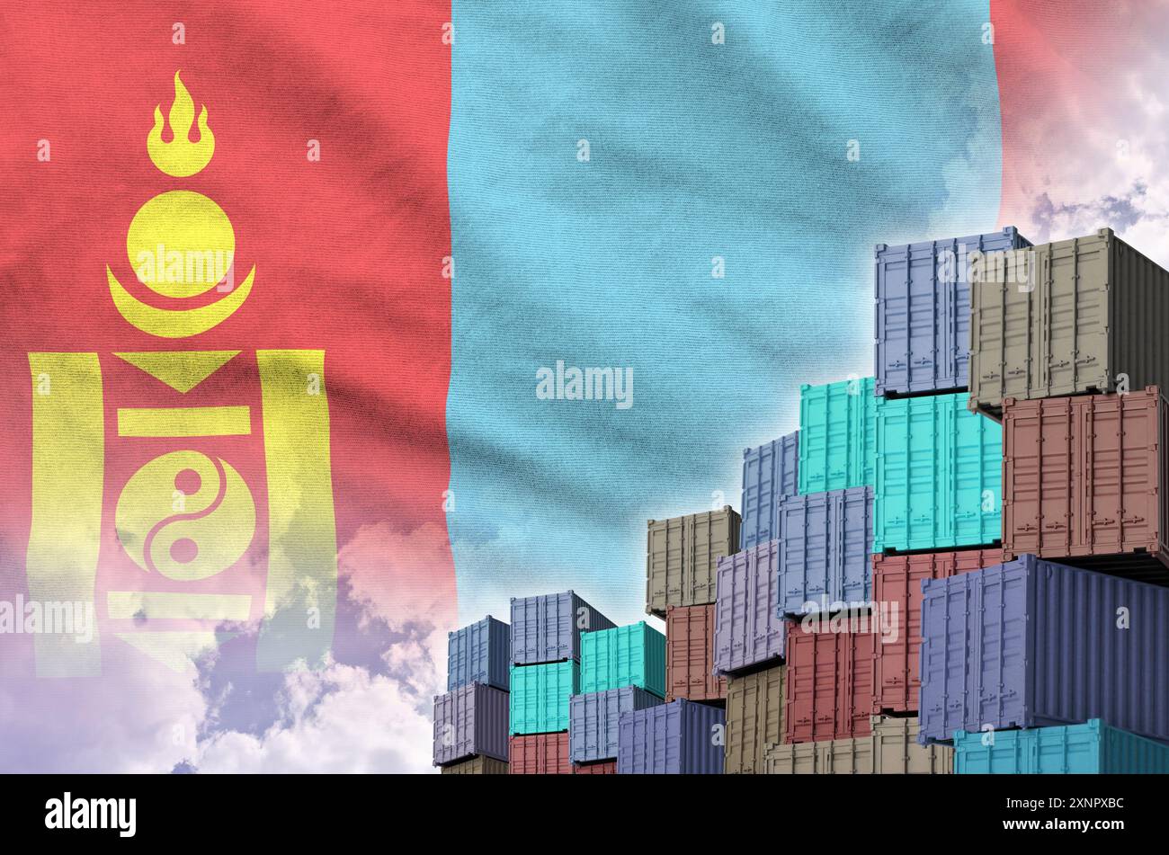 Mongolia flag and big stack of shipping cargo containers in docks with ...