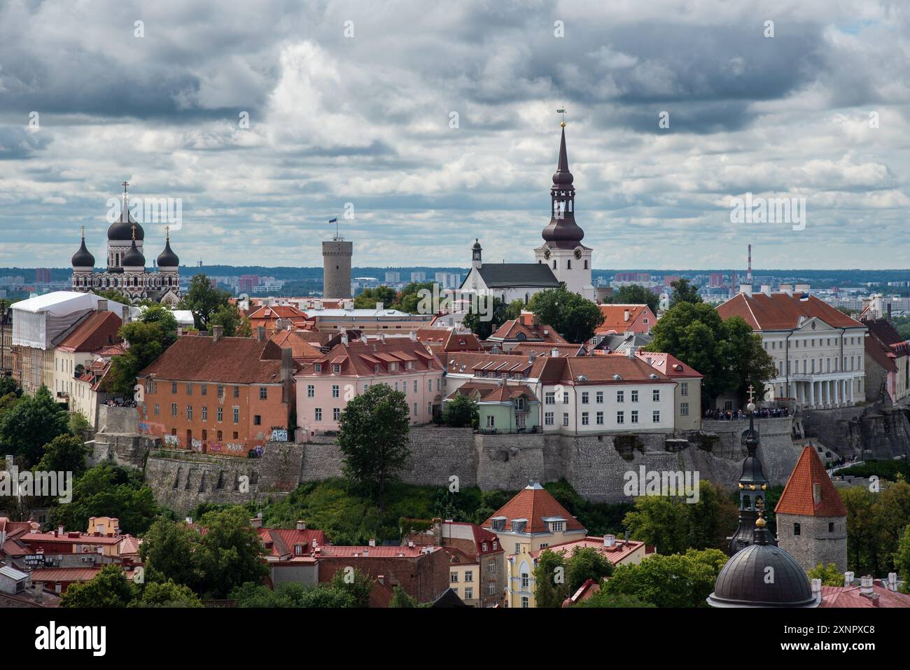 Tallinn Estonia cityscape. View from tower of Saint Olaf Church of old ...