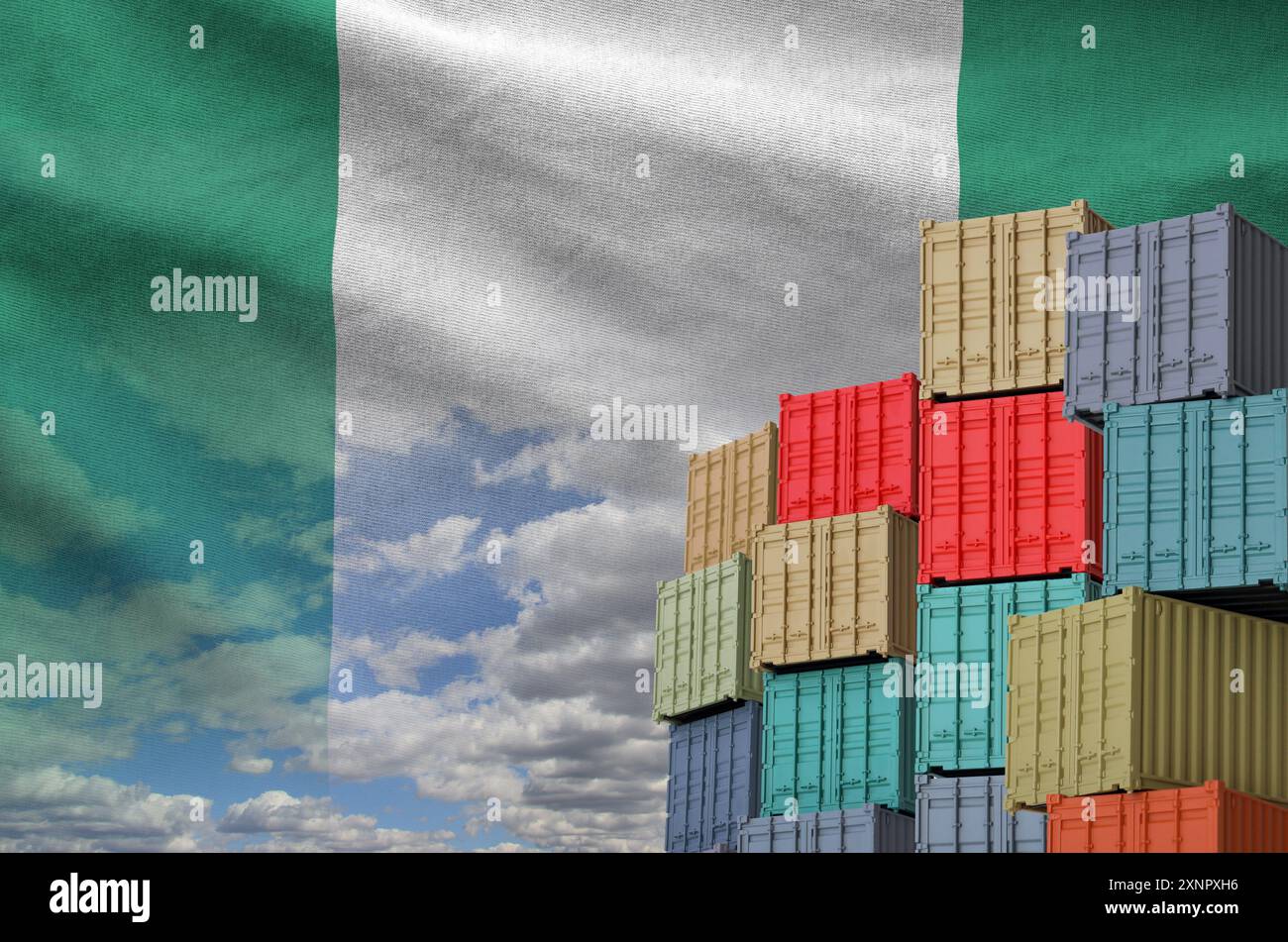 Nigeria flag and big stack of shipping cargo containers in docks with sky background close up ...