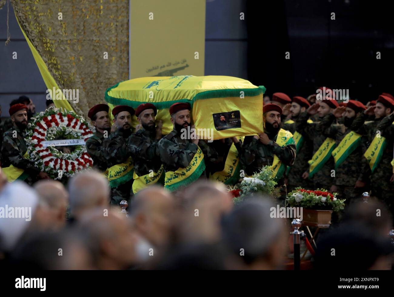 Beirut, Lebanon. 1st Aug, 2024. Hezbollah members attend the funeral of ...