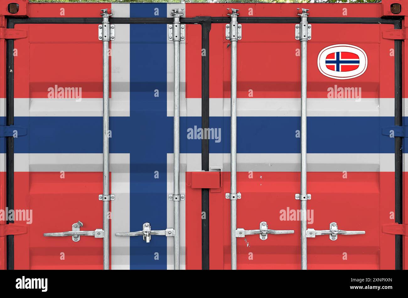 Norway flag depicted on metal doors of shipping cargo container ...