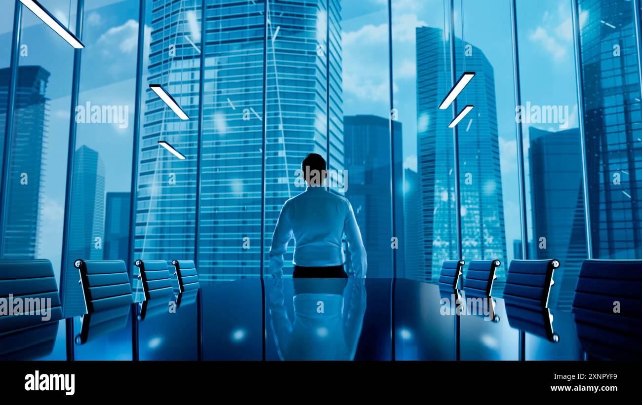 Businessman standing near the window and looking into it. Man stands ...