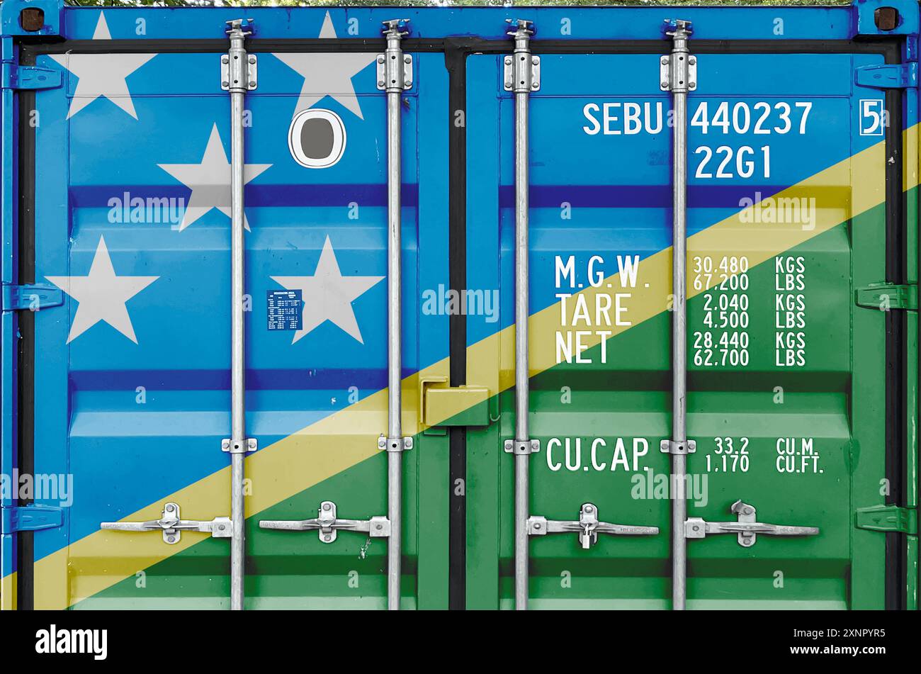 Solomon Islands flag depicted on metal doors of shipping cargo ...