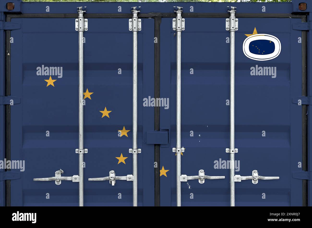 Alaska US state flag depicted on metal doors of shipping cargo ...