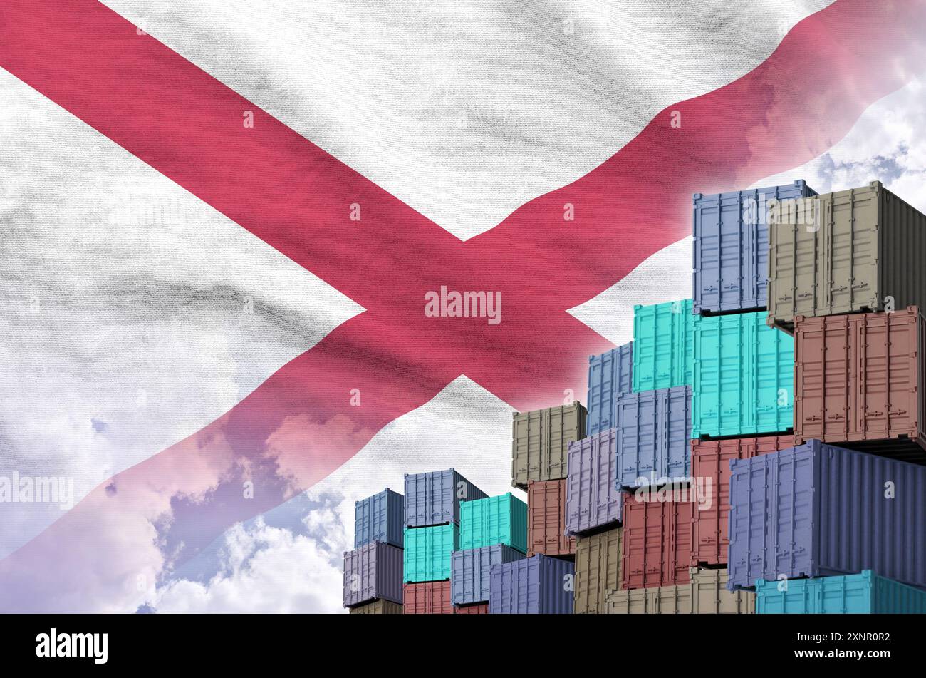 Alabama US state flag and big stack of shipping cargo containers in ...