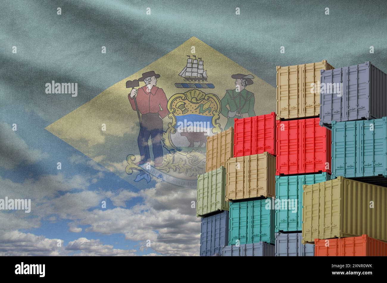 Delaware US state flag and big stack of shipping cargo containers in ...