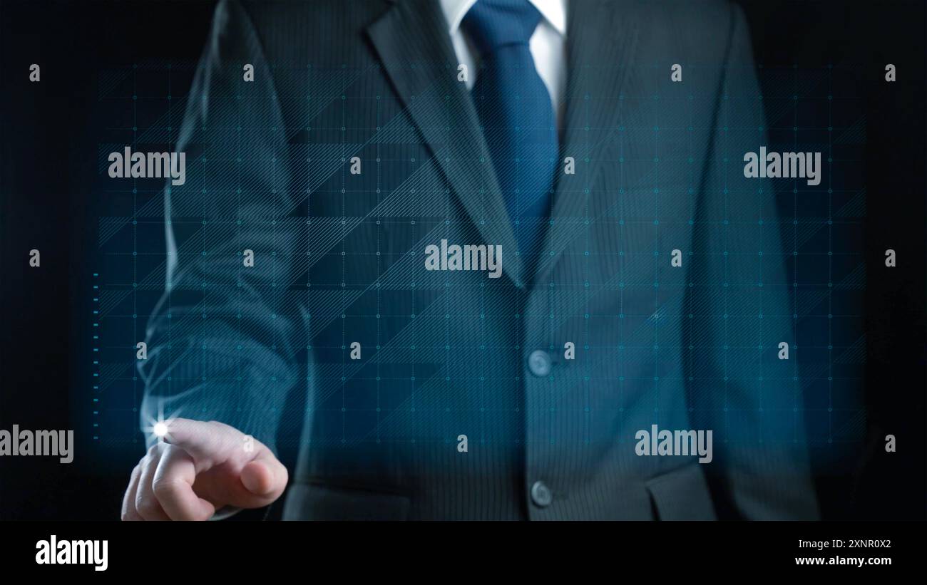 Business Man pushing on a touch screen interface Business man touching ...