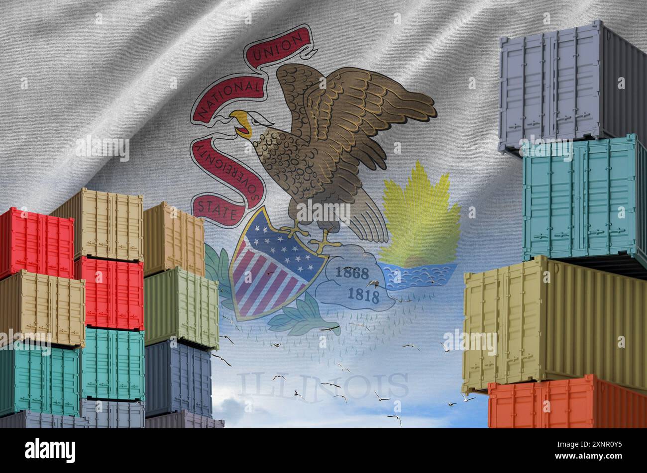 Illinois US state flag and big stack of shipping cargo containers in ...