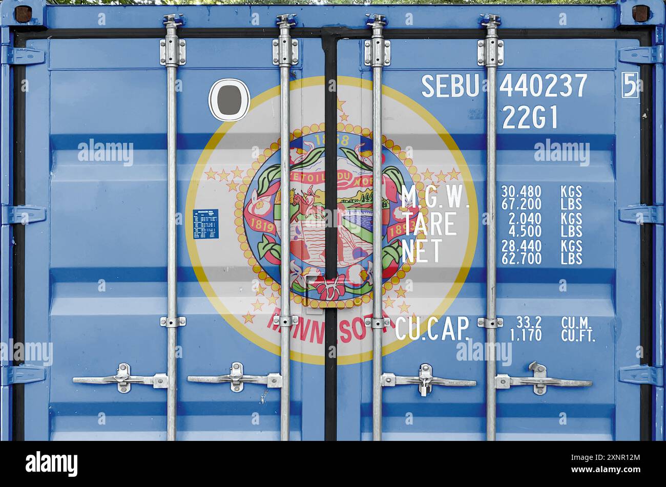 Minnesota US state flag depicted on metal doors of shipping cargo ...