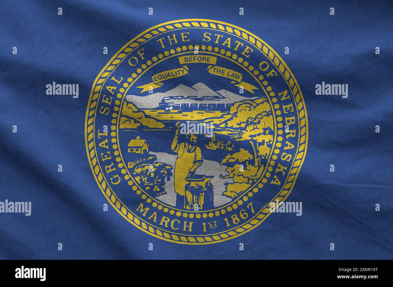 Nebraska US state flag depicted on folded wavy fabric of old cloth ...