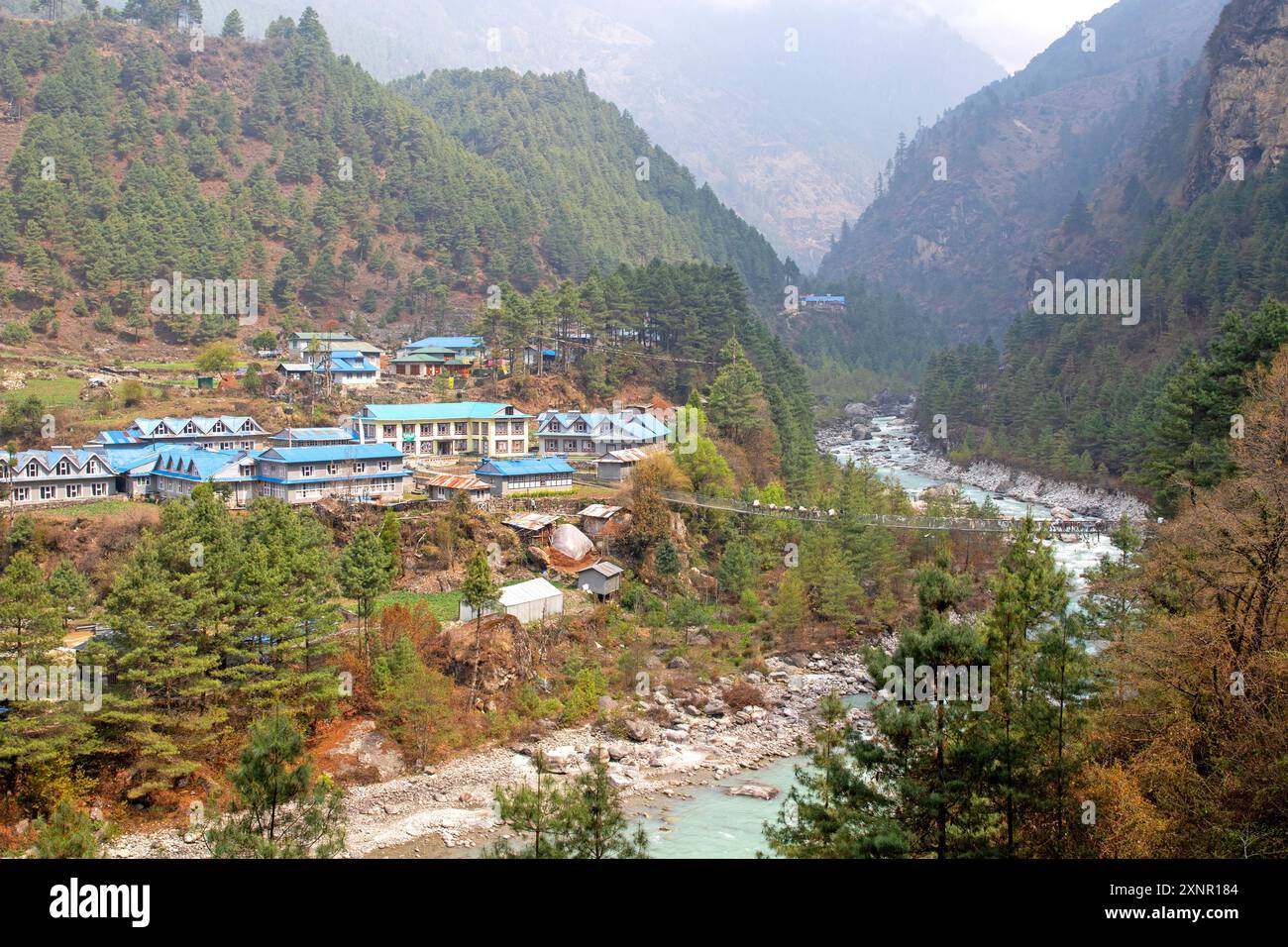 The village of Phakding above the Dudh Kosi river on the trail to ...