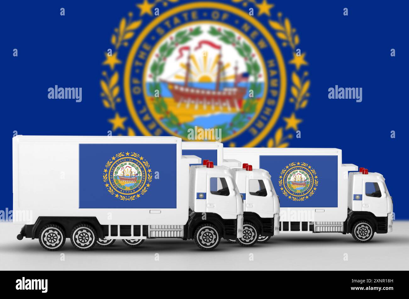 New Hampshire US state flag depicted on side wall of white delivery van ...