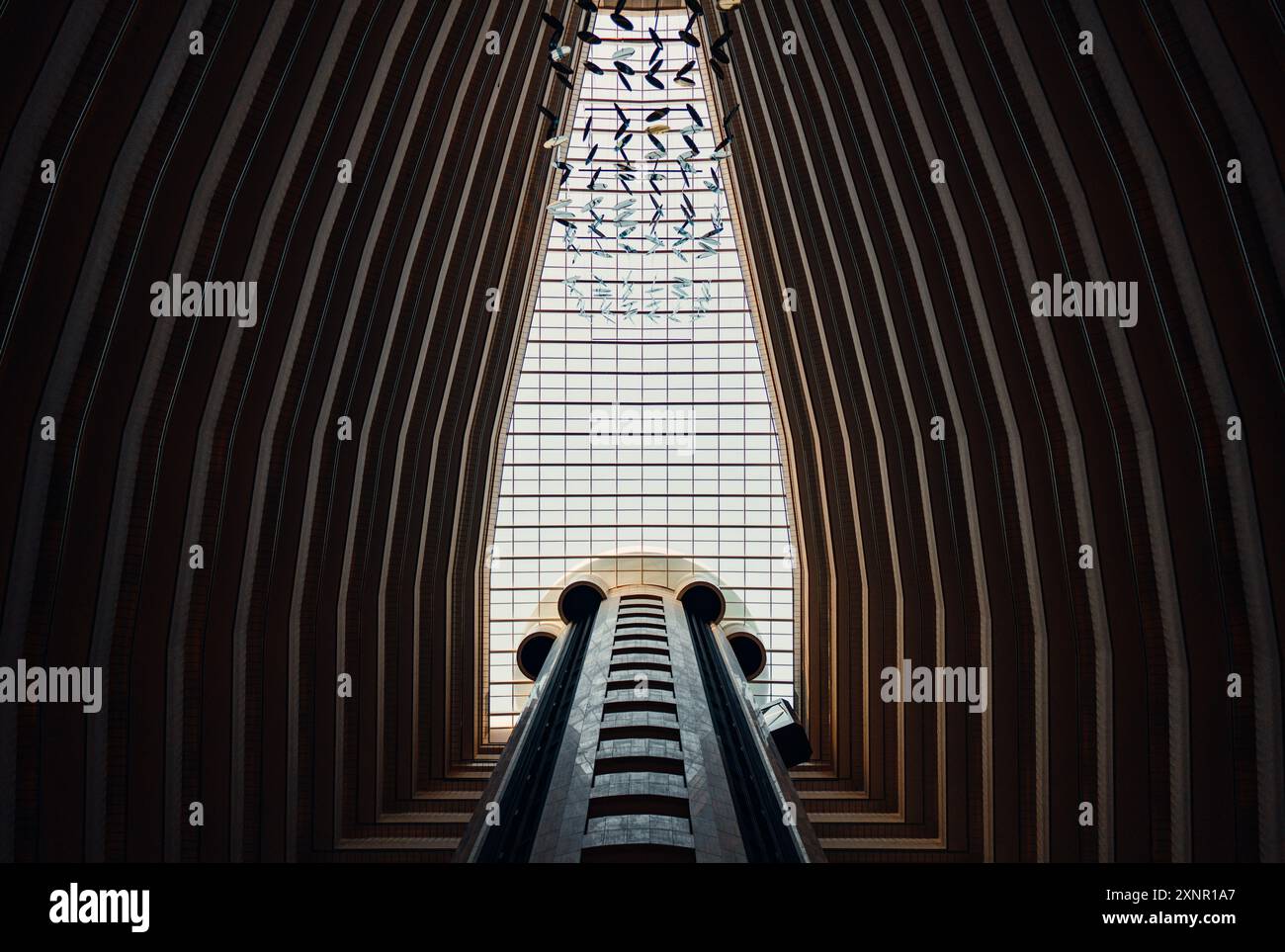 A modern architectural interior of a high-rise building with a view ...