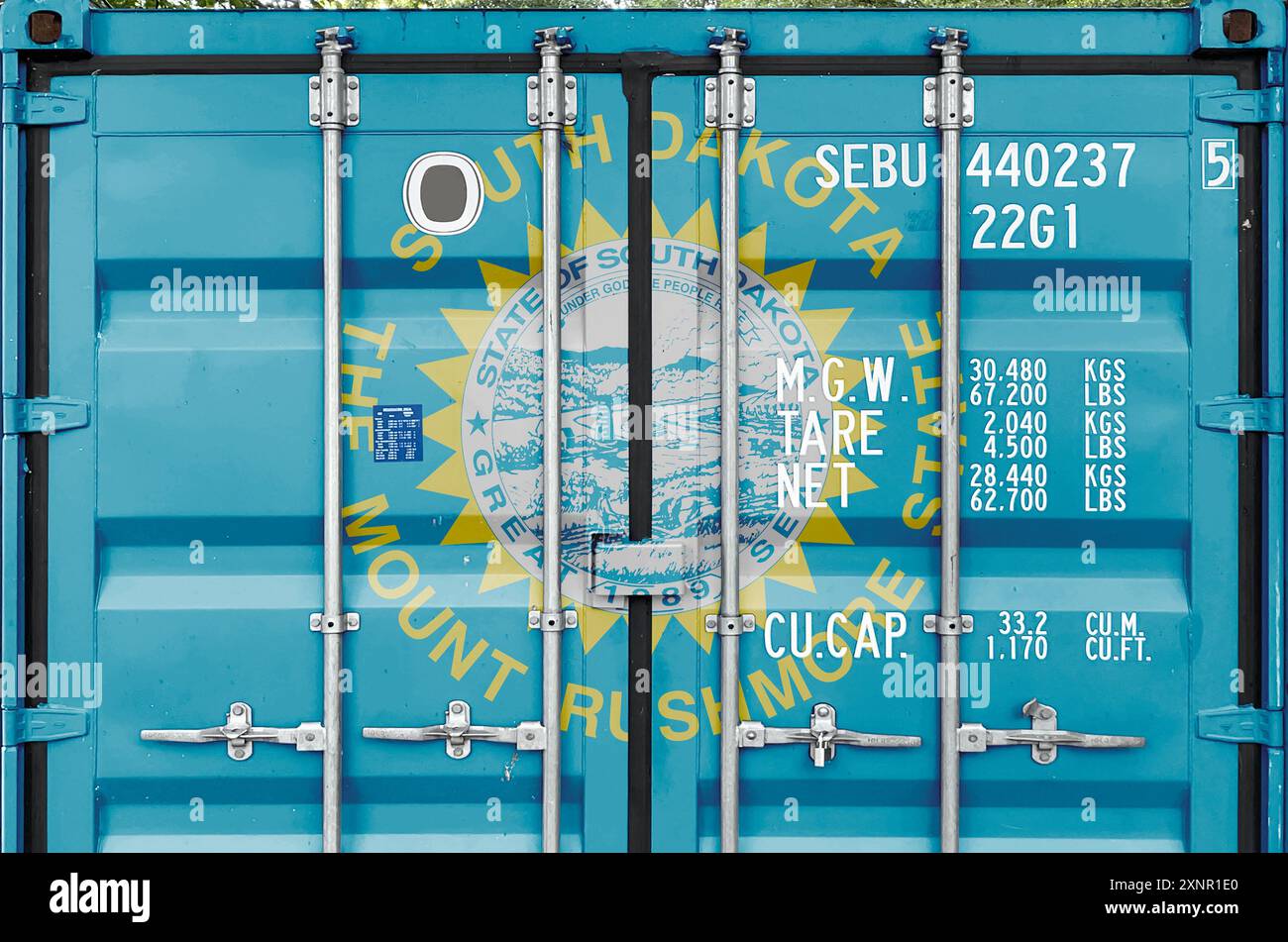 South Dakota US state flag depicted on metal doors of shipping cargo ...