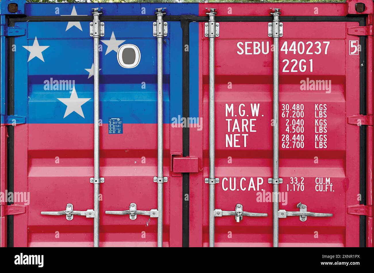Samoa flag depicted on metal doors of shipping cargo container outdoors ...