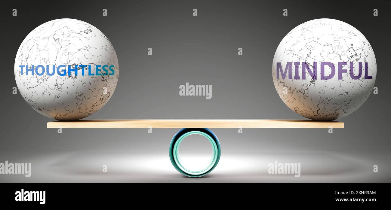 Thoughtless and mindful in balance. A metaphor showing Thoughtless in ...