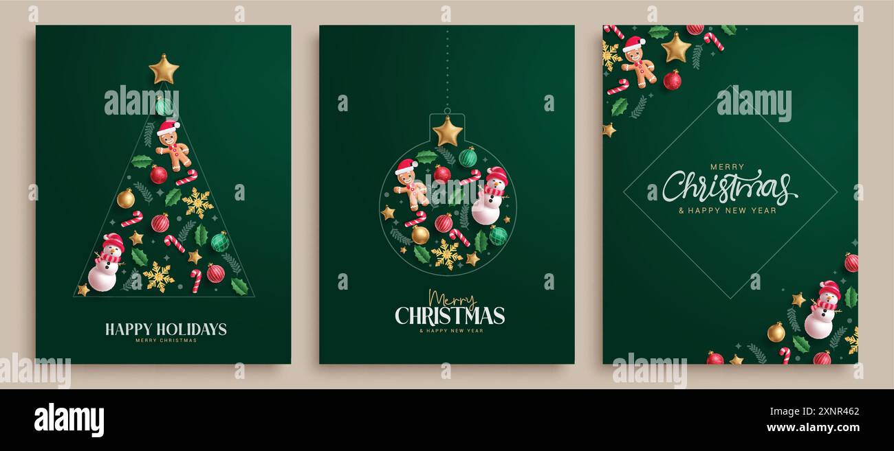 Christmas greetings green card vector poster set. Merry christmas ...