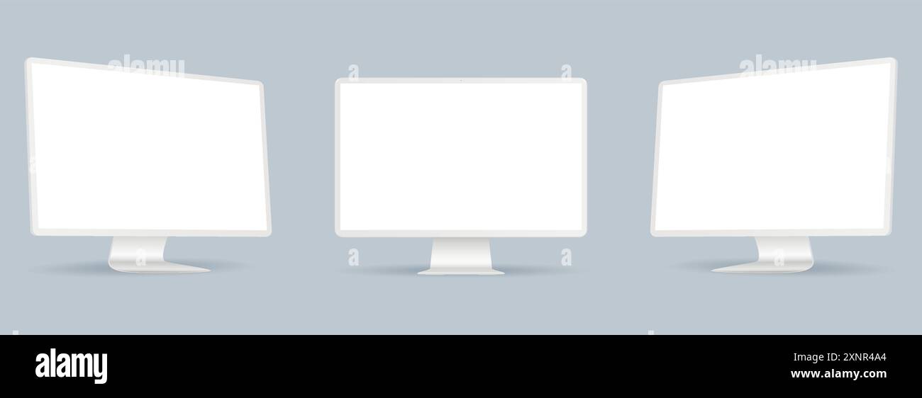 Realistic computer screen clay mockup. White computer display on three sides with blank screen ...