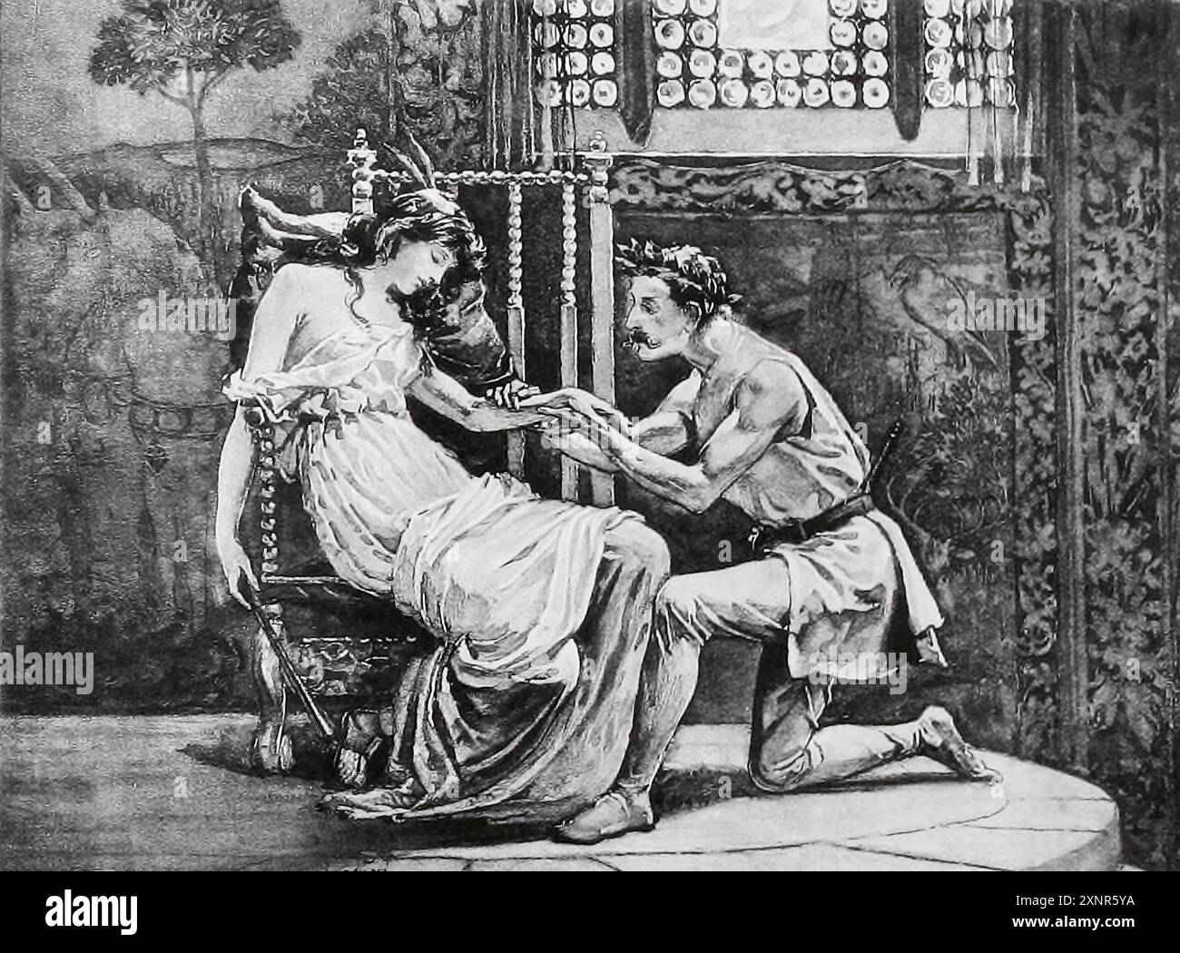 Gently, lo! the Warrior kneels, Soft that lovely hand he steals ...