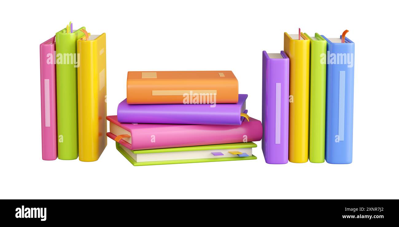 Stack of paper standing and lying books with bright hardcover and ...