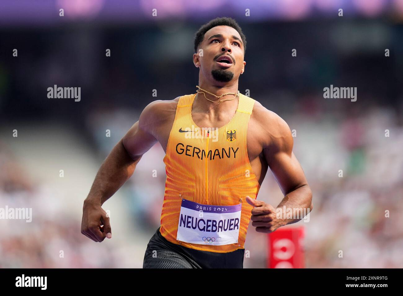 Leo Neugebauer, of Germany, competes in a heat in the decathlon 100 ...