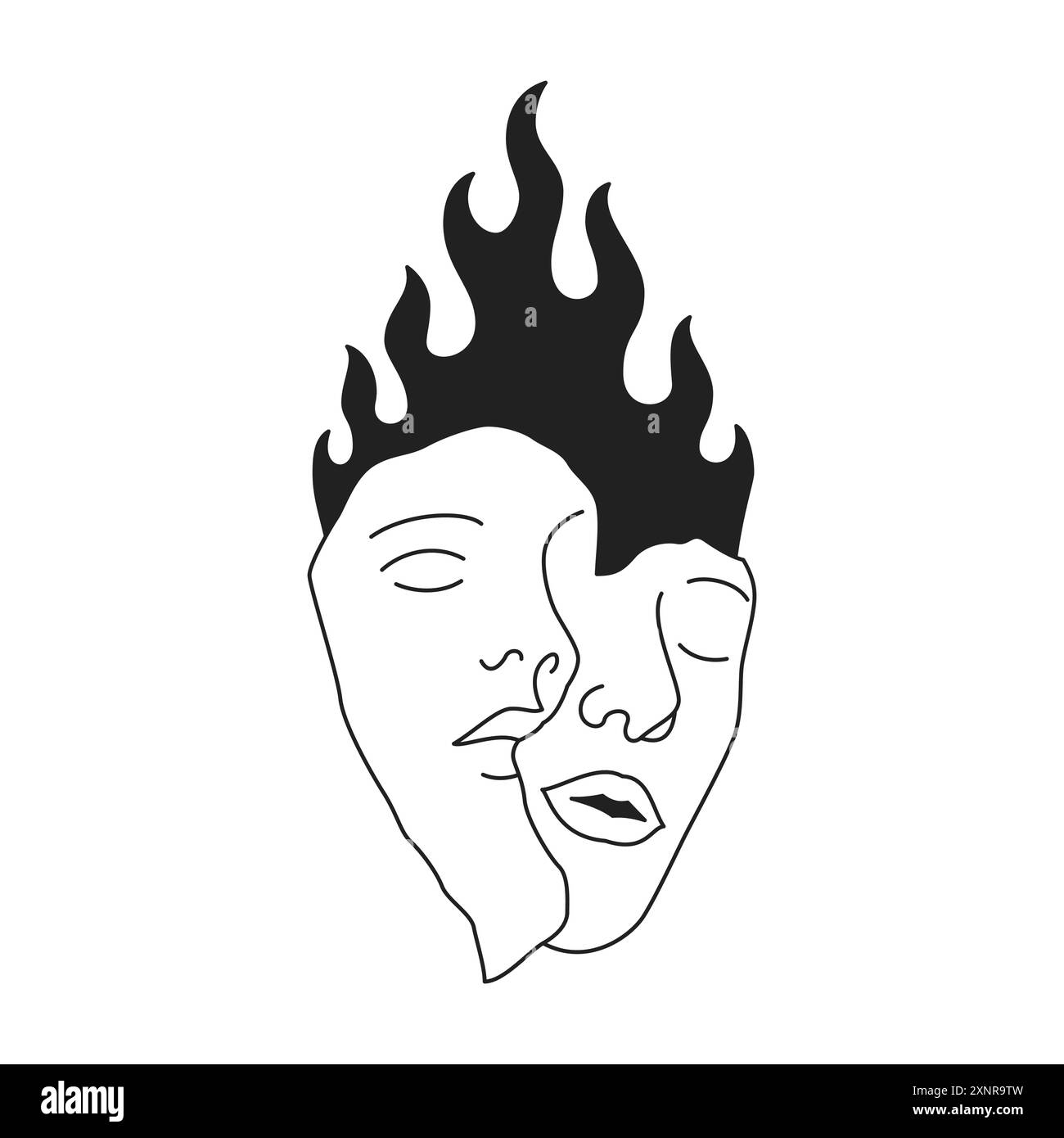 Y2k abstract heart man woman half face flame neo gothic outline icon ...