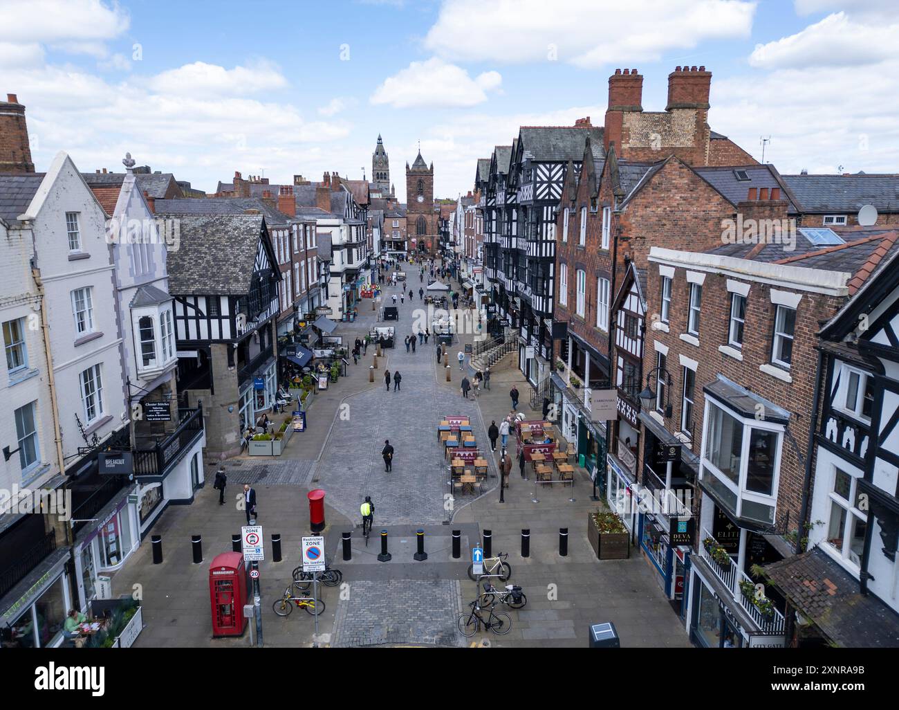 Aerial view of Bridge street shopping area in City of Chester, Cheshire ...