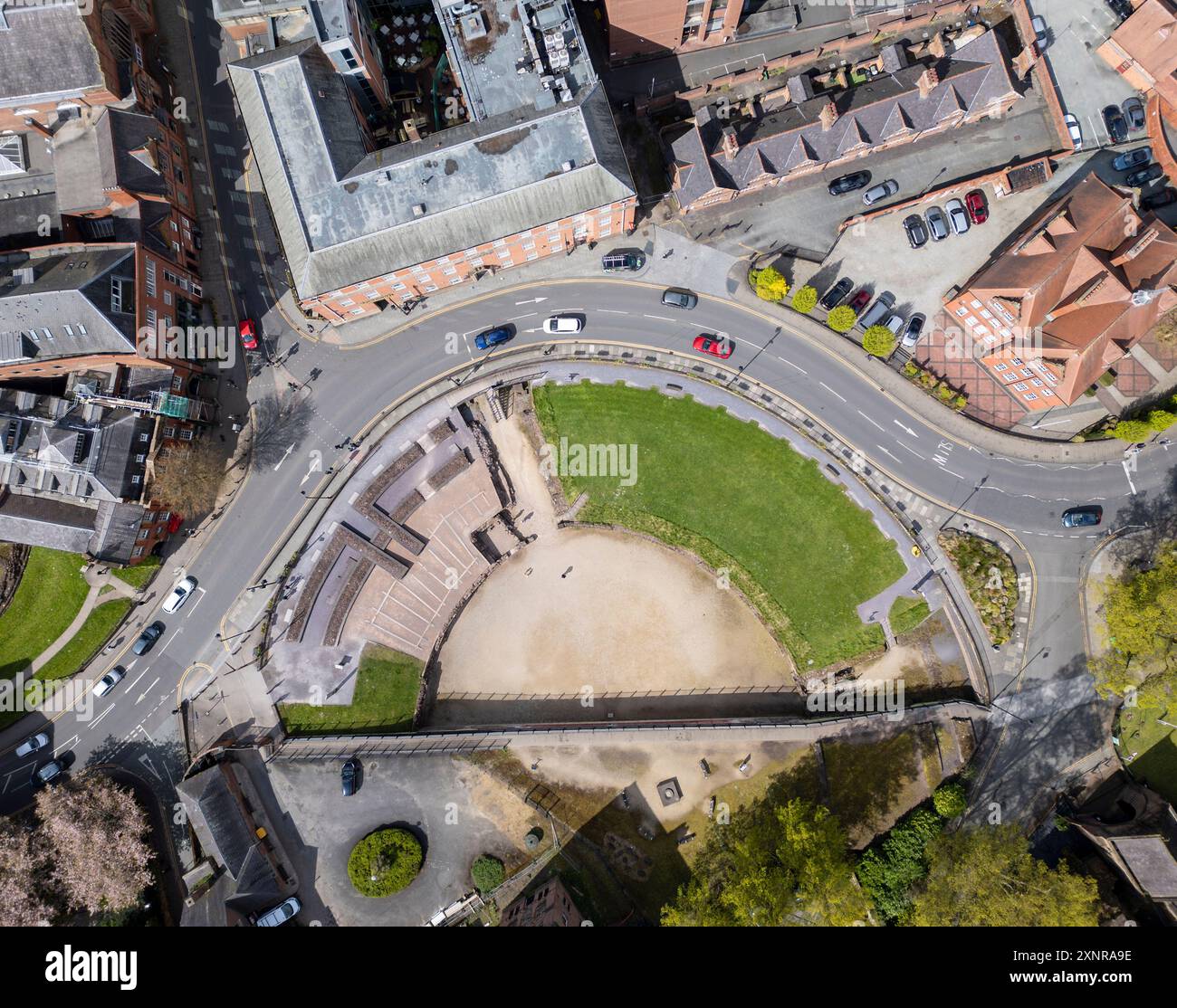 Top down aerial view of the Roman Amphitheatre in city of Chester ...