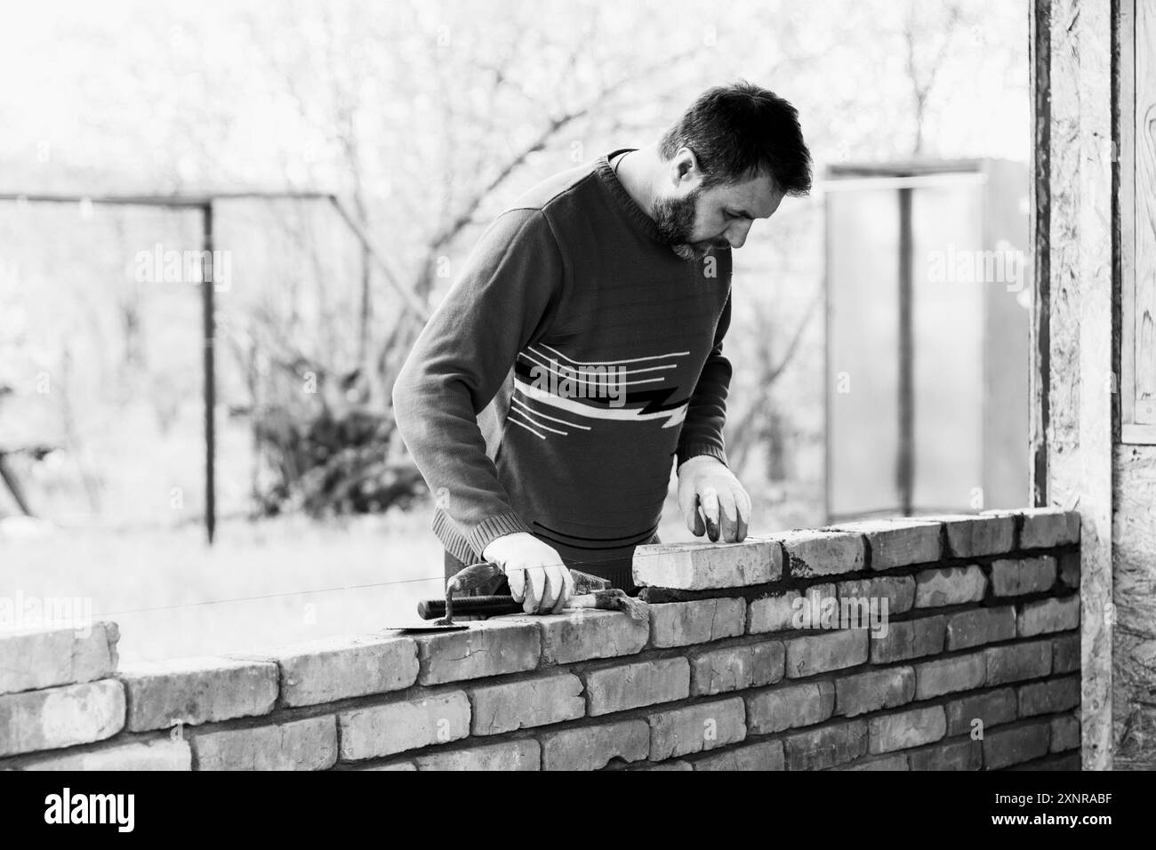 a man builds a wall of bricks, lays a brick on a cement sand mortar ...