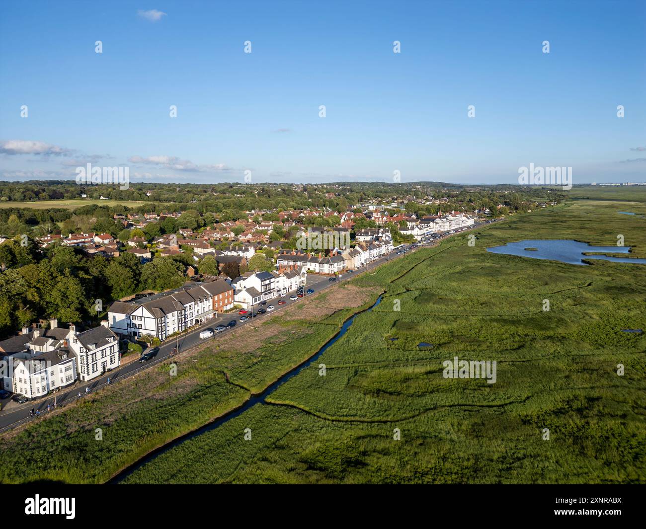 Aerial view of English village of Parkgate on the Dee estuary, Wirral ...
