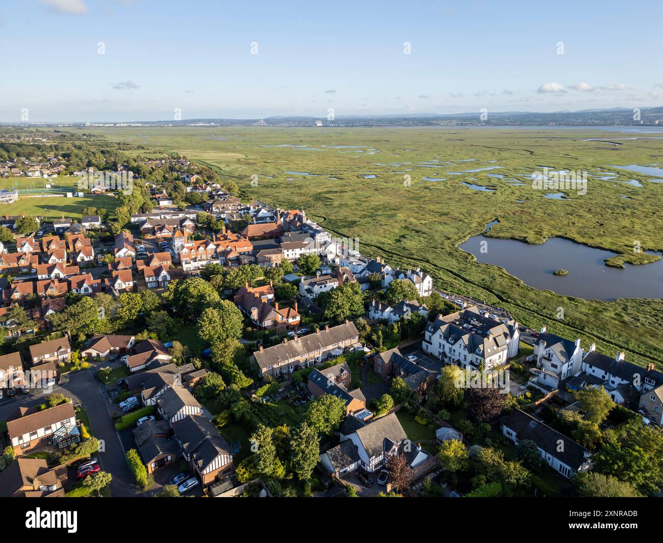 Aerial view of English village of Parkgate on the Dee estuary, Wirral ...