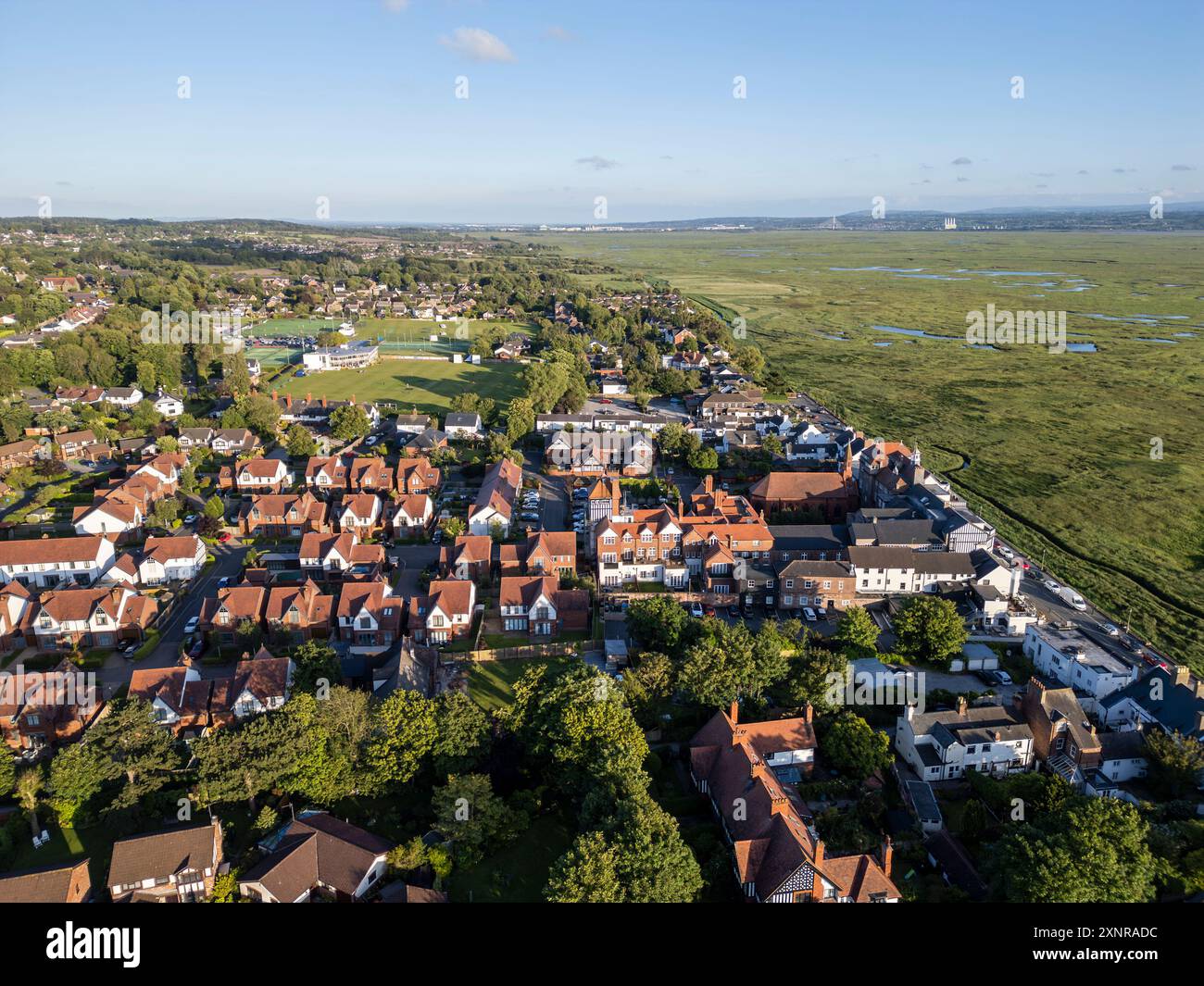 Aerial view of English village of Parkgate on the Dee estuary, Wirral ...