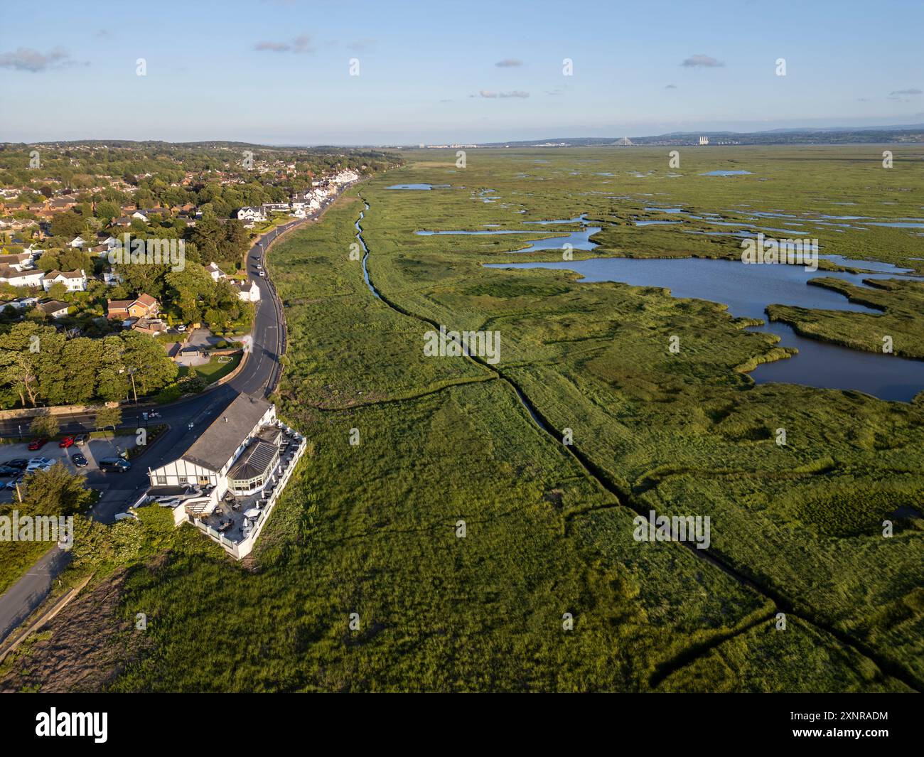 Aerial reveal view of the Boathouse restaurant, Parkgate, Wirral ...